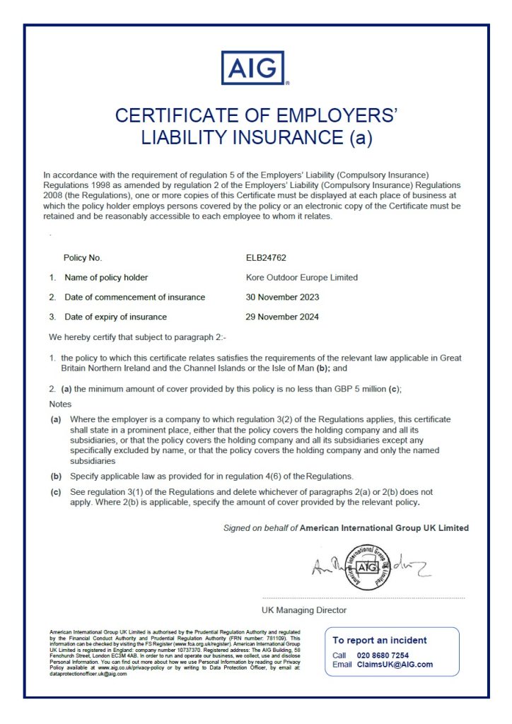 CERTIFICATE OF EMPLOYERS' LIABILITY INSURANCE - Kore Outdoor